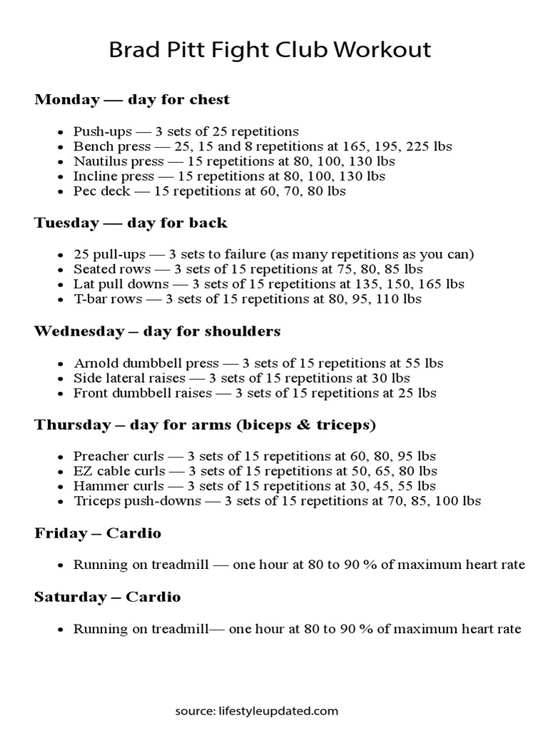 Brad Pitt Fight Club Workout: Monday - Day For Chest | PDF