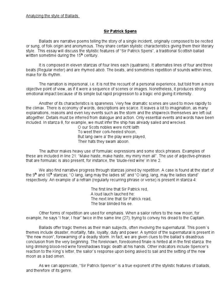 Ballad Analysis Sir Patrick Spens | PDF | Ballad | Poetry