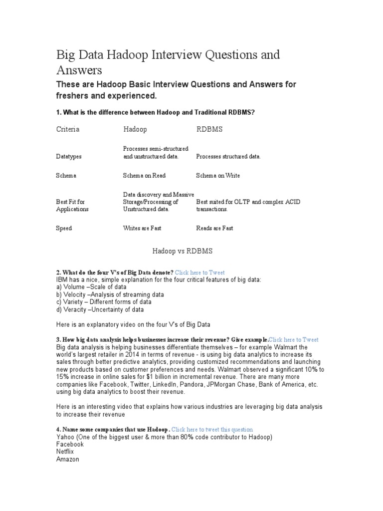 Big Data Hadoop Interview Questions And Answers Pdf Apache Hadoop Map Reduce