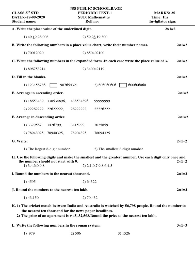 Class 5 Maths Periodic Test 1 | PDF | Teaching Mathematics