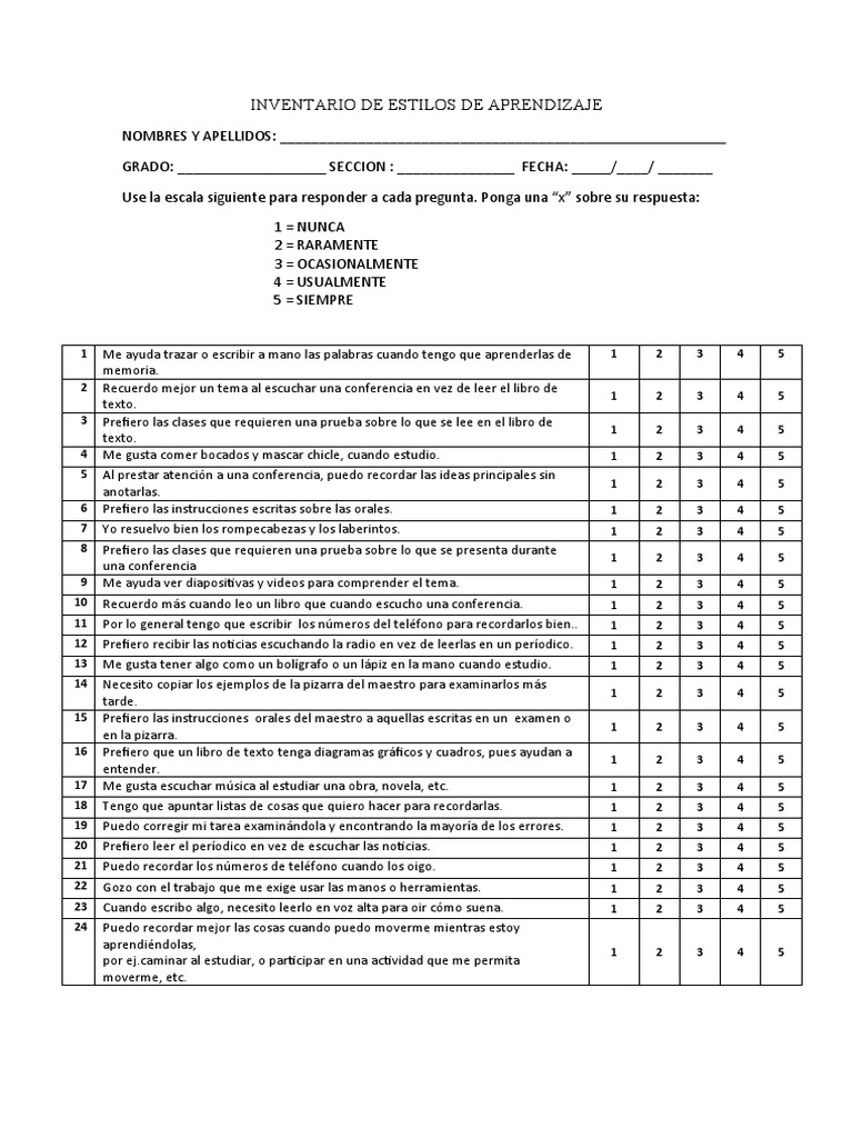 Inventario de Estilos de Aprendizaje | PDF | Cognición | Prueba / examen