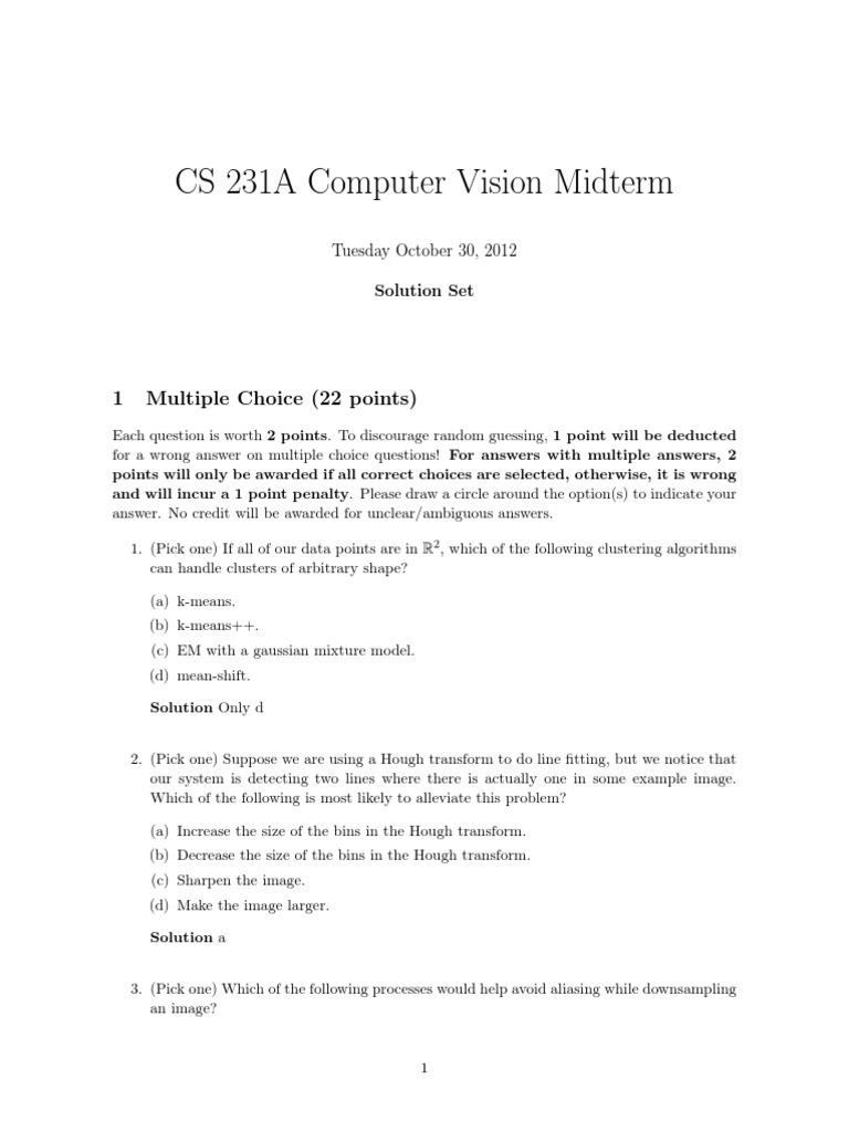 CS 231A Computer Vision Midterm: 1 Multiple Choice (22 Points) | PDF | Eigenvalues And ...