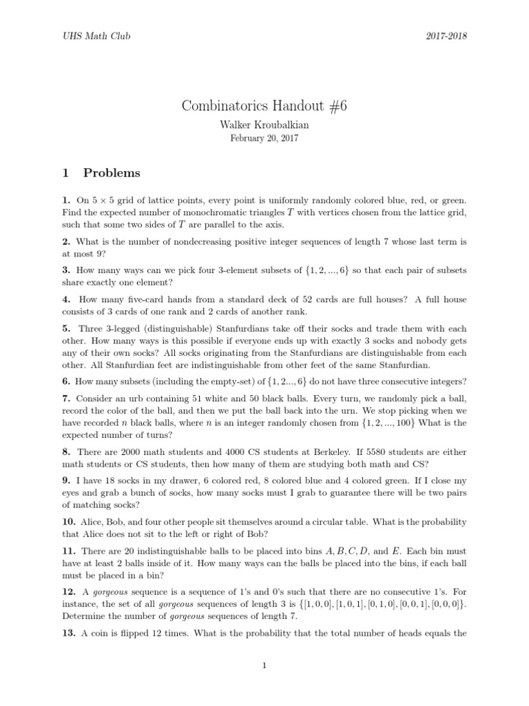 Combinatorics Handout #6: 1 Problems | PDF | Mathematical Objects | Numbers