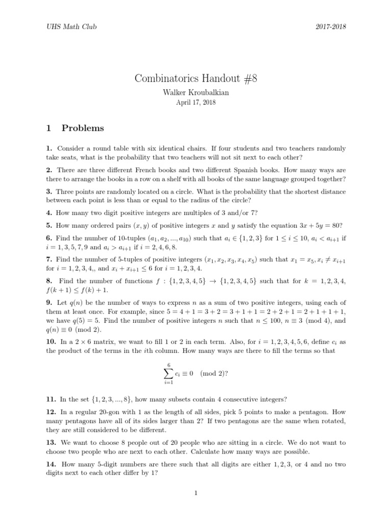 Combinatorics Handout #8: 1 Problems | PDF | Teaching Mathematics | Mathematical Concepts