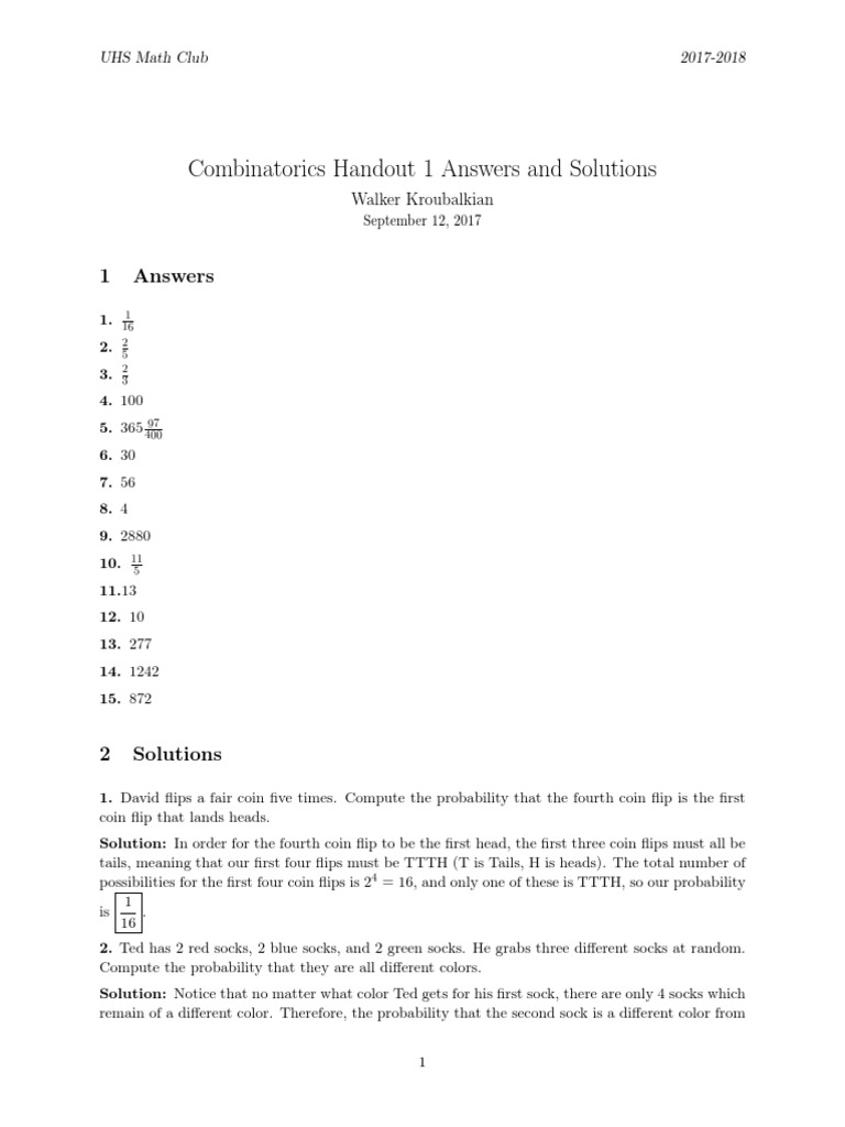 Combinatorics 1 Solutions UHSMC | PDF | Numbers | Sequence