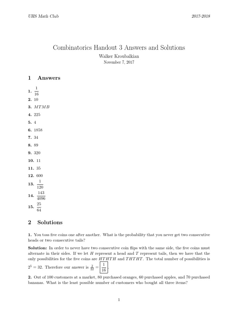 Combinatorics 3 Solutions UHSMC | PDF | Elementary Mathematics ...
