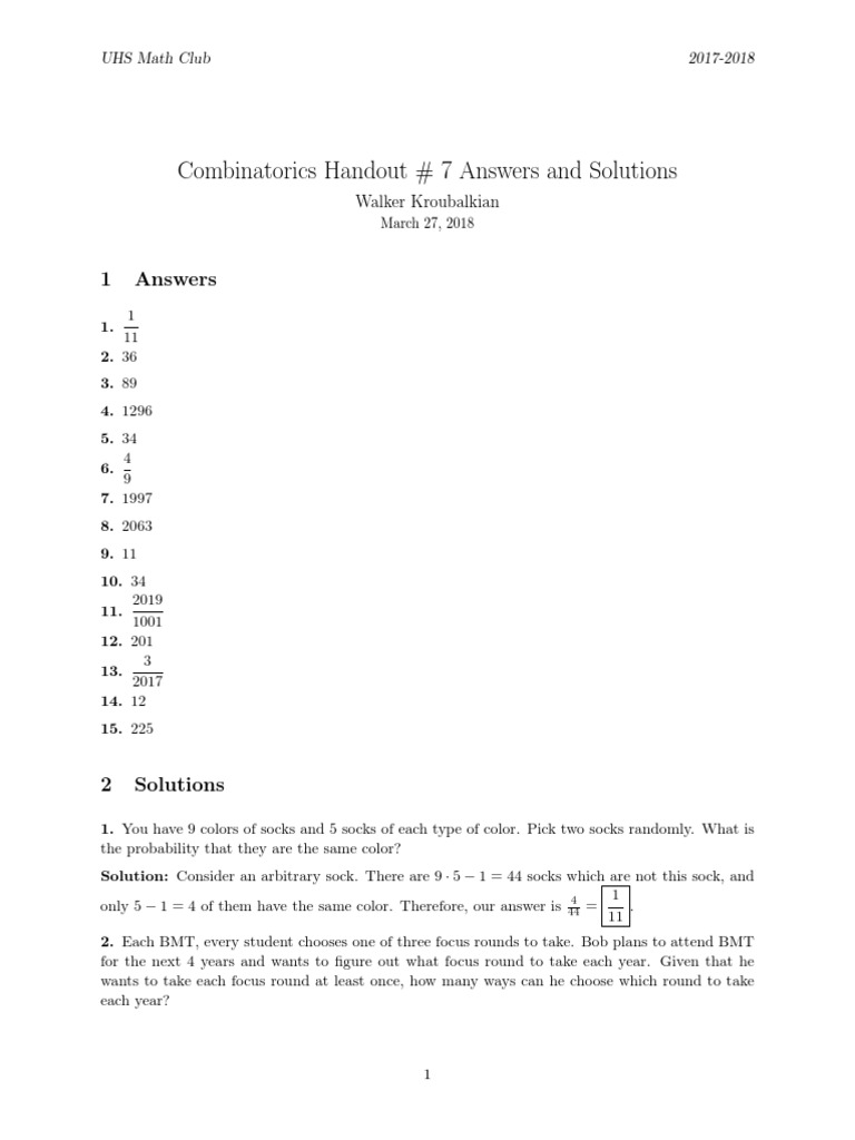 Combinatorics 7 Solutions UHSMC | PDF | Numbers | Triangle