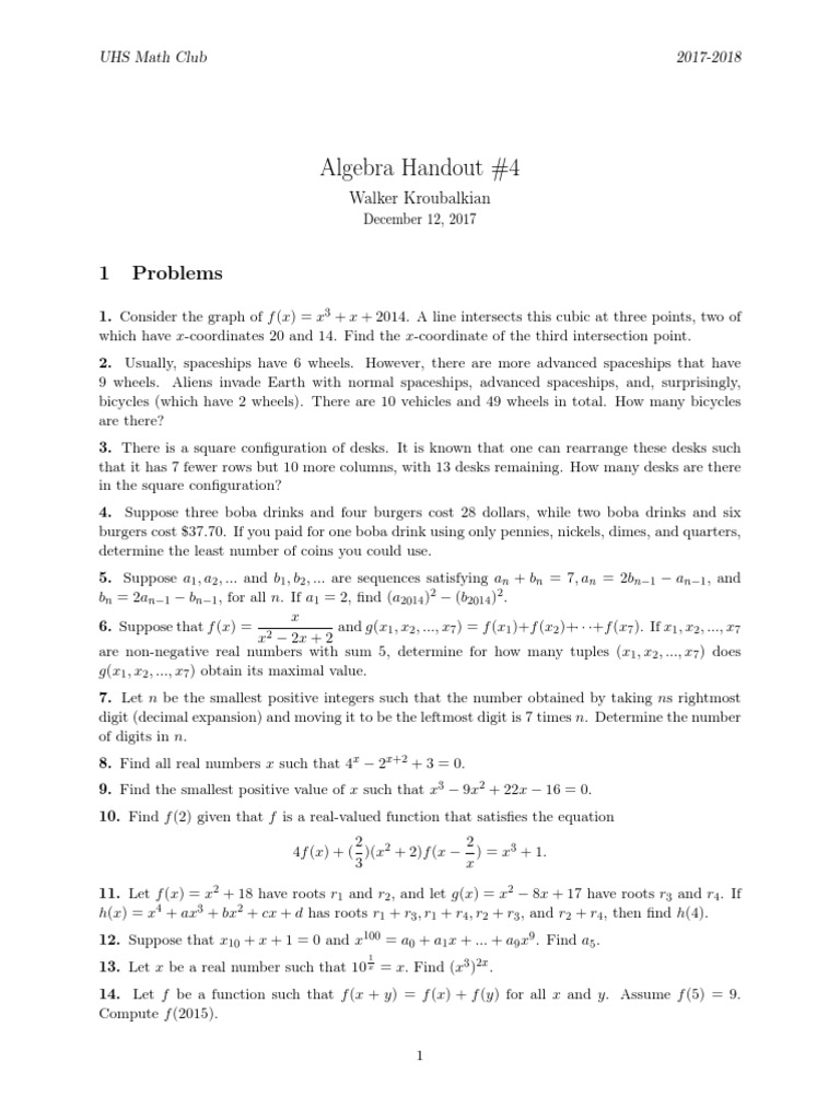 Algebra Handout #4: 1 Problems | PDF | Mathematical Concepts | Teaching Mathematics