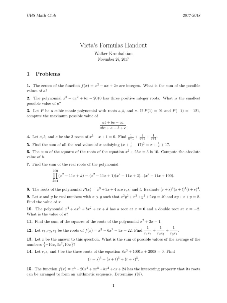 Vieta's Formulas Handout: 1 Problems | PDF | Zero Of A Function ...