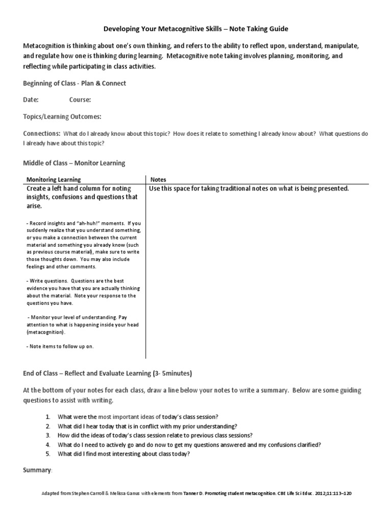 Developing Your Metacognitive Skills - Note Taking Guide: Beginning of ...