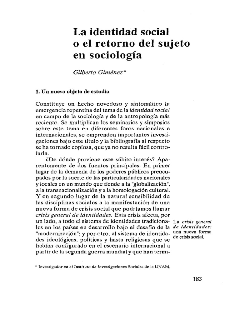 Gilberto Giménez-La-Identidad-Social-o-El-Retorno-Del-Sujeto-en-La-Sociologia PDF | PDF ...