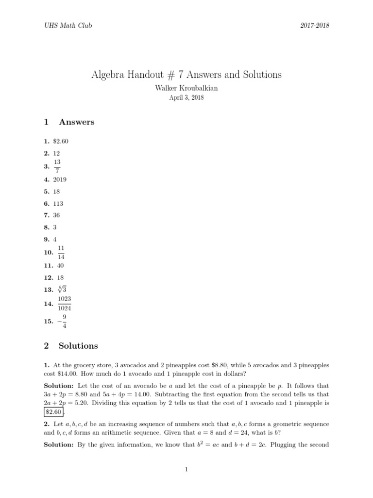 Algebra Handout # 7 Answers and Solutions | PDF | Integer | Inequality ...