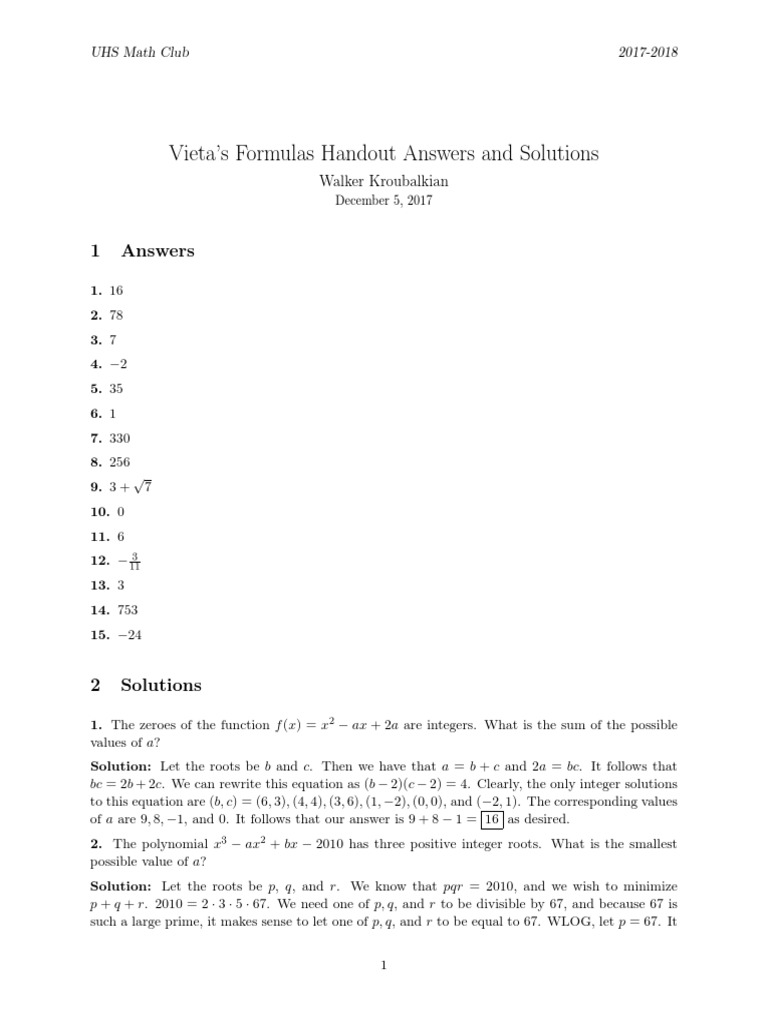 Vieta's Formulas Solutions and Answers | PDF | Quadratic Equation ...