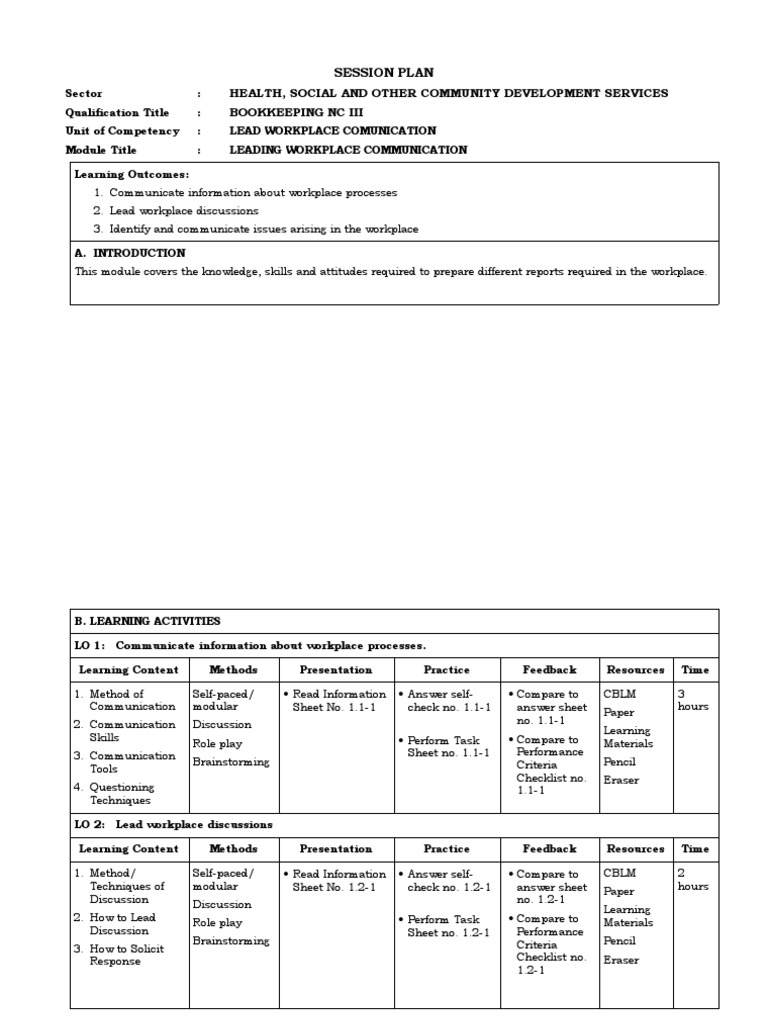 Session Plan: Health, Social and Other Community Development Services ...