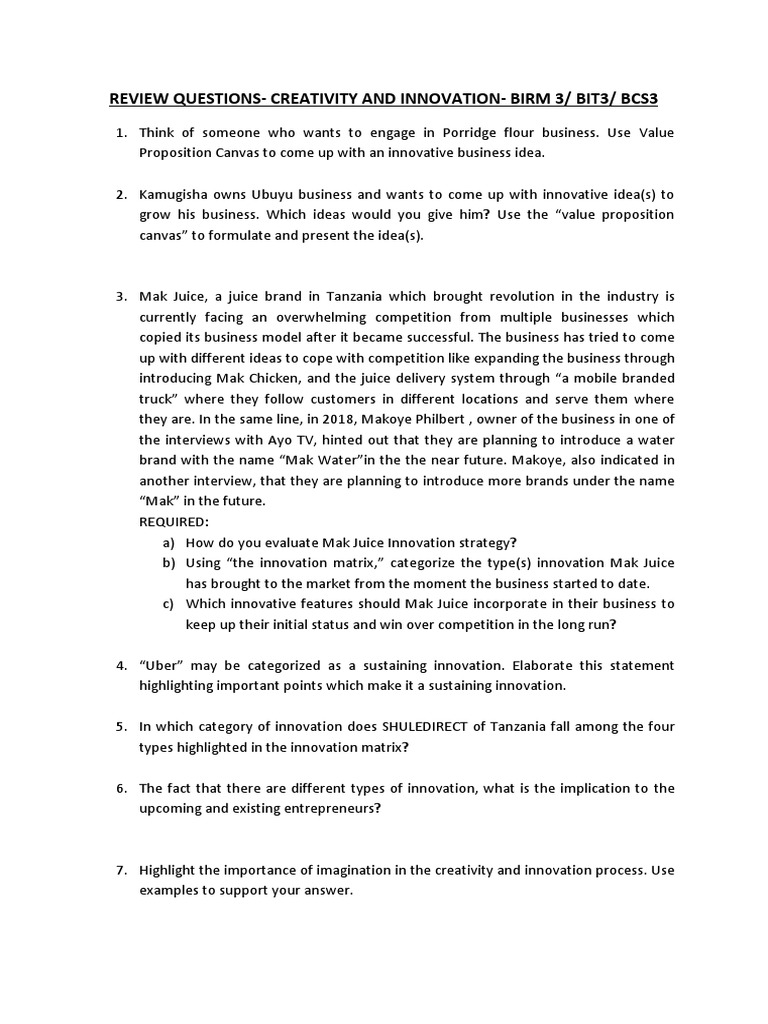 REVIEW QUESTIONS - CREATIVITY AND INNOVATION 2020-Converted FINAL | PDF ...