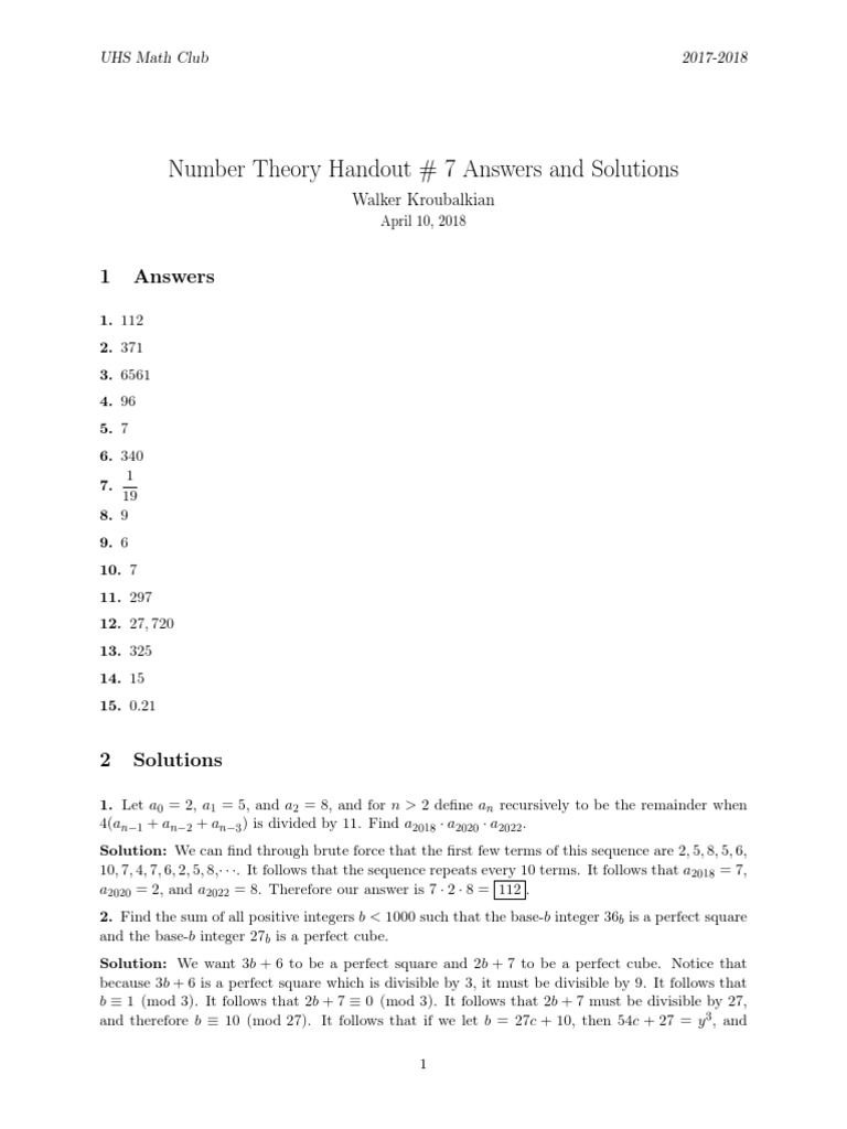 UHS Math Club Number Theory Solutions | PDF | Numbers | Discrete ...