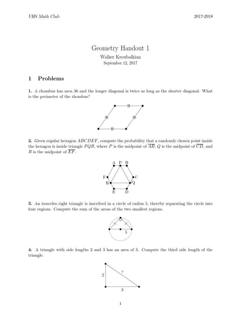 Geometry Handout 1: 1 Problems | PDF | Area | Circle