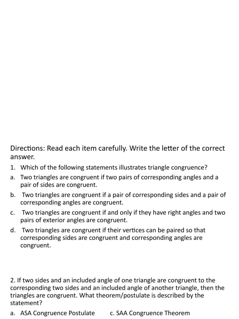 Triangle Congruence Theorems and Postulates Review | PDF | Euclid ...