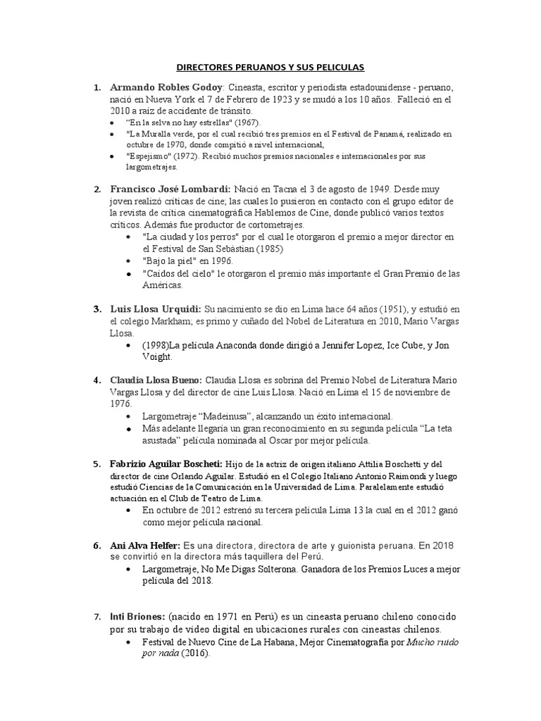 Directores Peruanos y Sus Peliculas 2020 | PDF | Perú | Cine