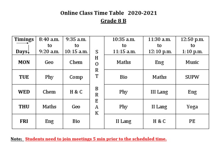 Grade 8 B Online Class Schedule 2020-21 | PDF