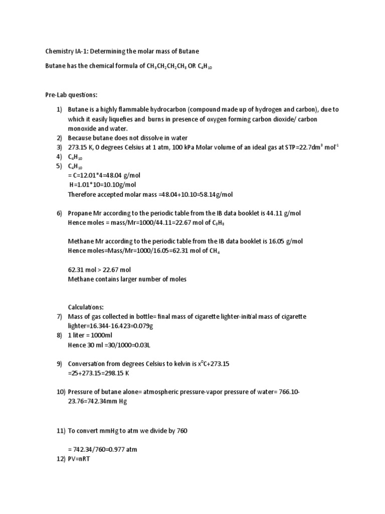 Chemistry IA-1 Finding Molar Mass of Butane | PDF | Mole (Unit ...