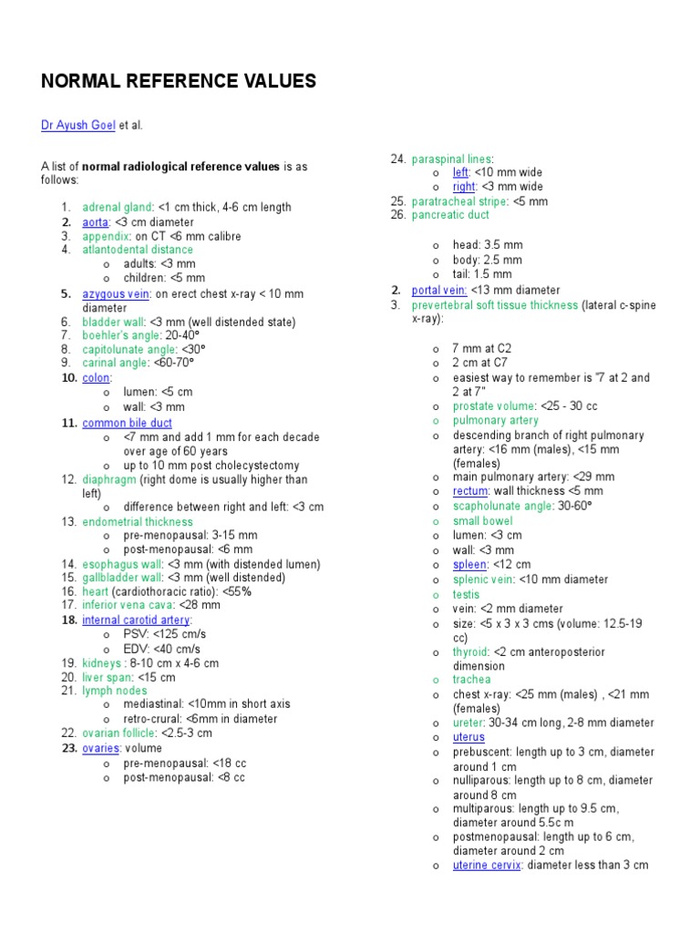 Normal Reference Values: DR Ayush Goel | PDF | Menopause | Artery