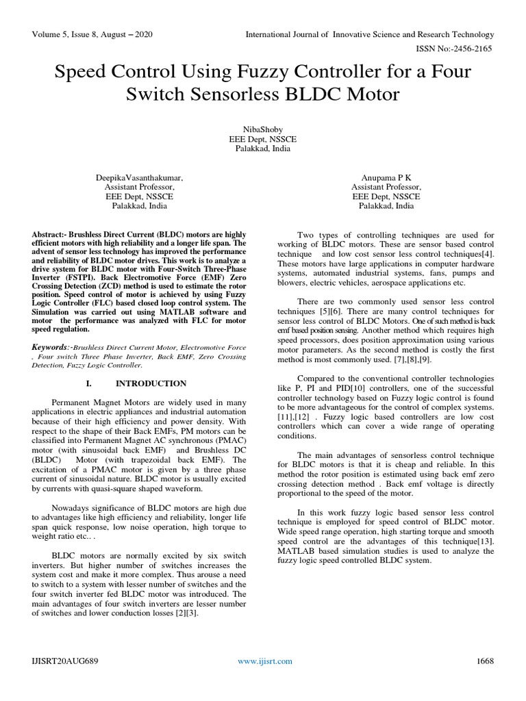 Speed Control Using Fuzzy Controller For A Four Switch Sensorless BLDC ...