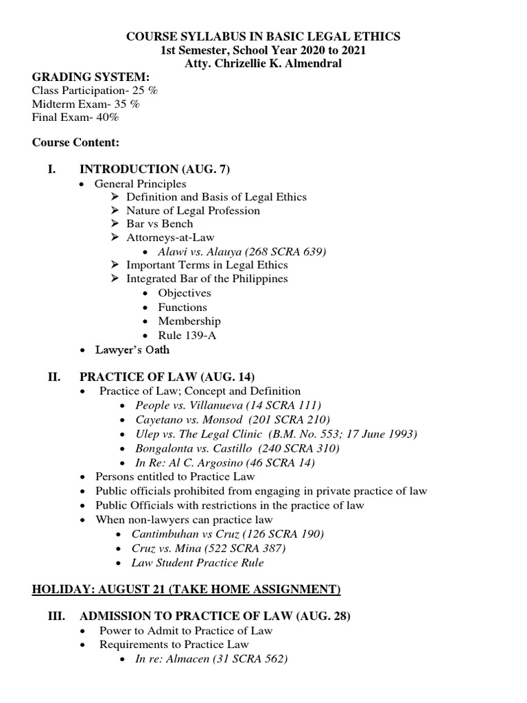 Basic Legal Ethics Course Syllabus | PDF | Practice Of Law | Lawyer