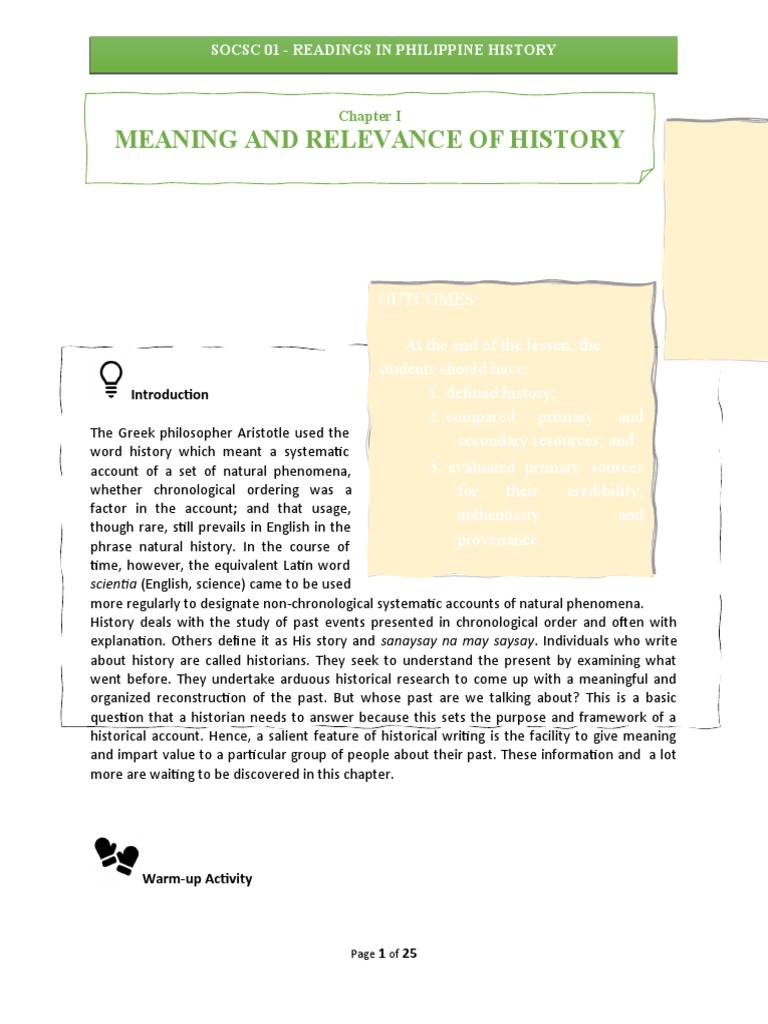 Meaning and Relevance of History: Socsc 01 - Readings in Philippine ...