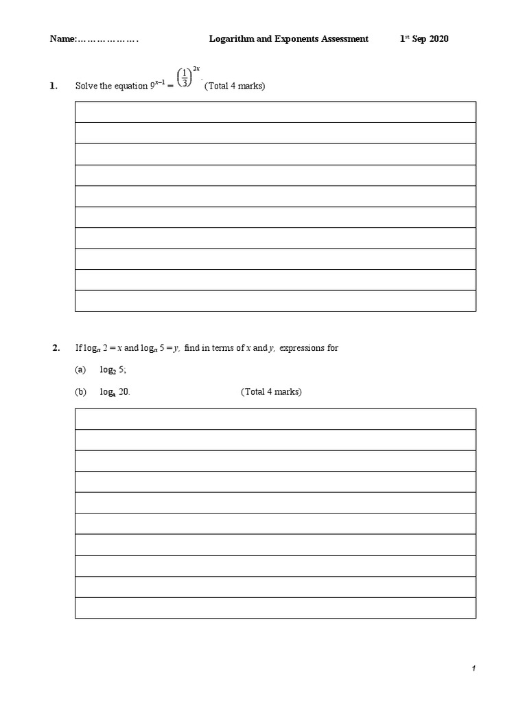 Solve The Equation 9 - 3 1 (Total 4 Marks) : Name: . Logarithm and ...