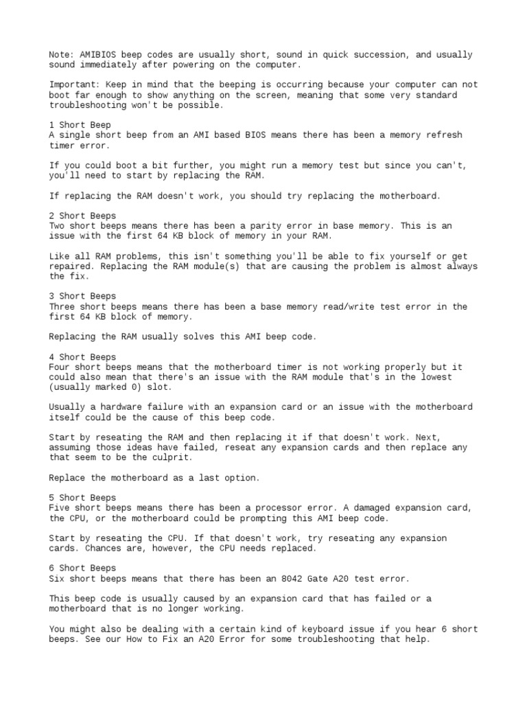 COMPUTER DIAGNOSTICS STARTUP AMI Beep Code Troubleshooting (AMIBIOS ...