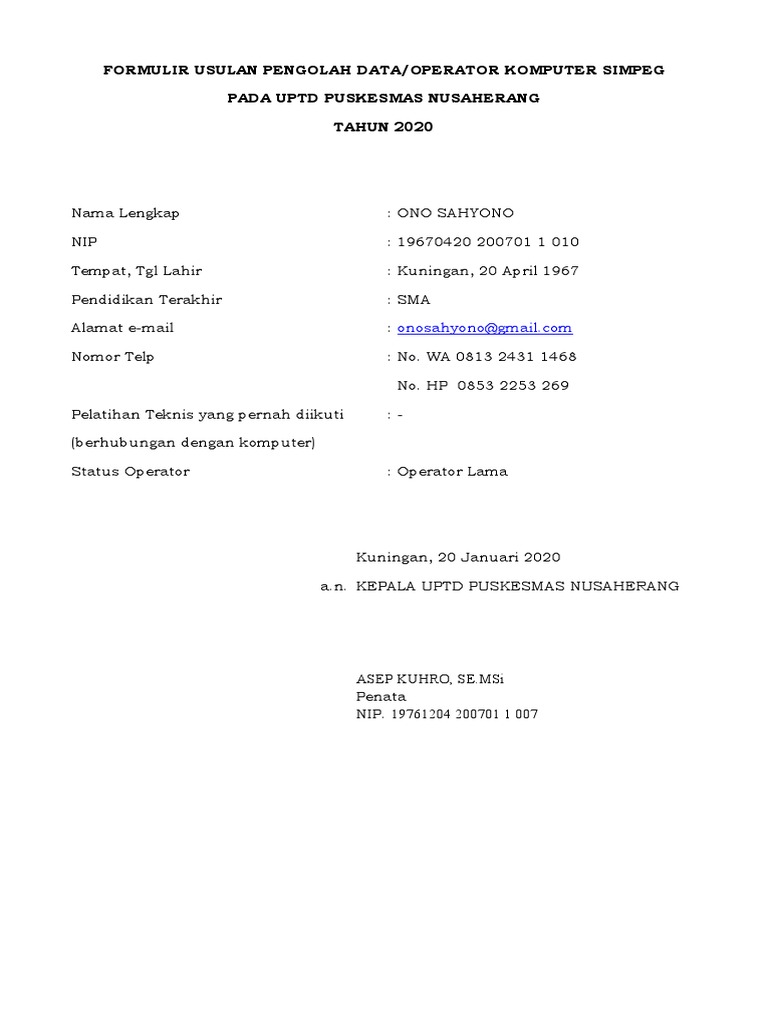 Formulir Usulan Operator Simpeg | PDF