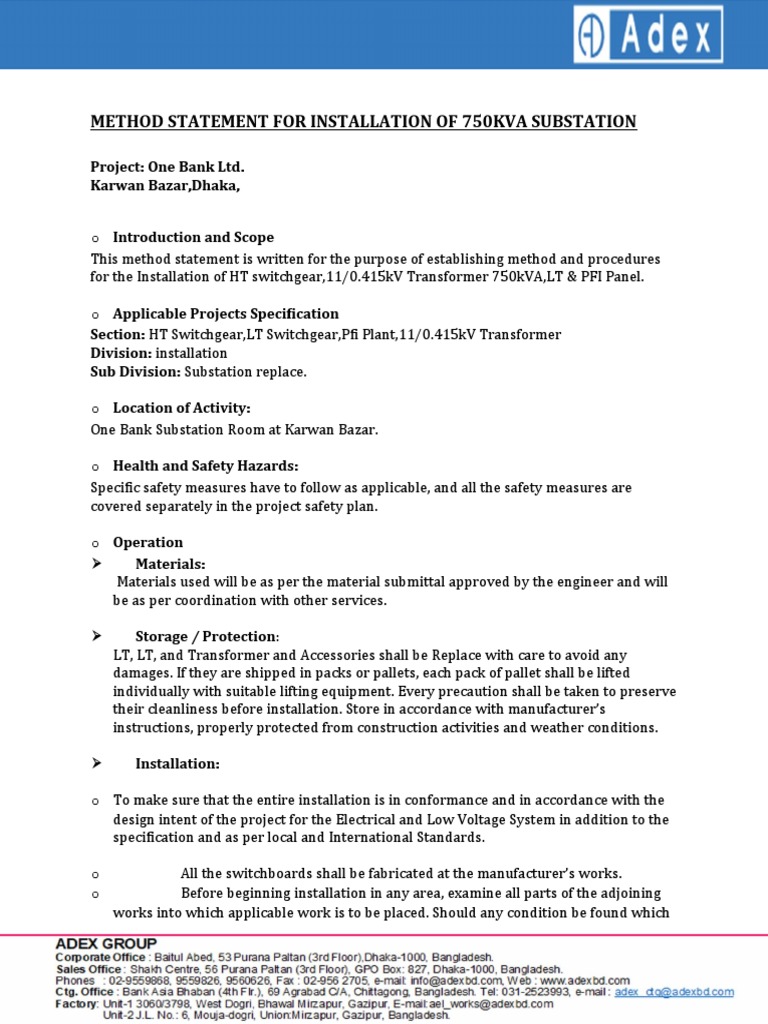METHOD STATEMENT FOR INSTALLATION OF 750KVA SUBSTATION | Electrical ...