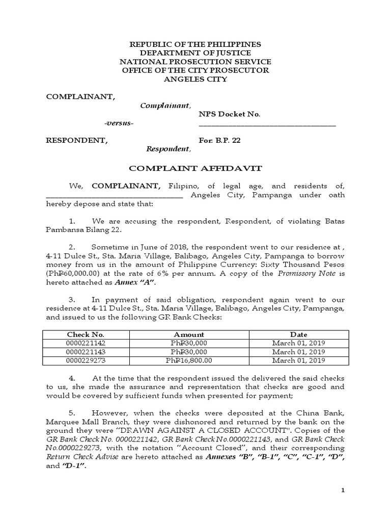 Complaint Affidavit for B.P. 22 Violation | PDF | Government | Economies