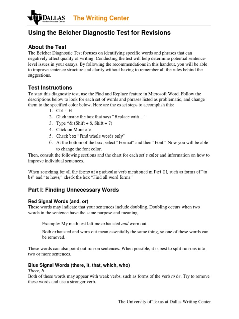 Using The Belcher Diagnostic Test For Revisions | PDF | Verb | Pronoun