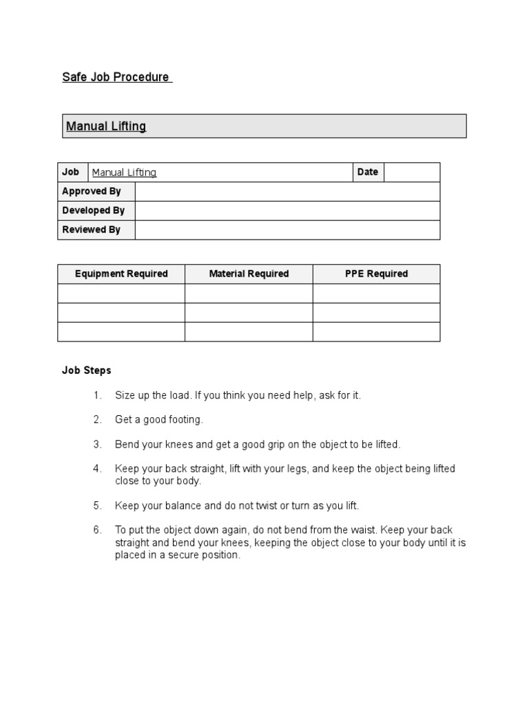 Safe Job Procedure: Manual Lifting | PDF