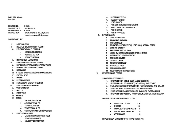 CE414 Hydraulics Course Outline | PDF | Fluid Dynamics | Shear Stress