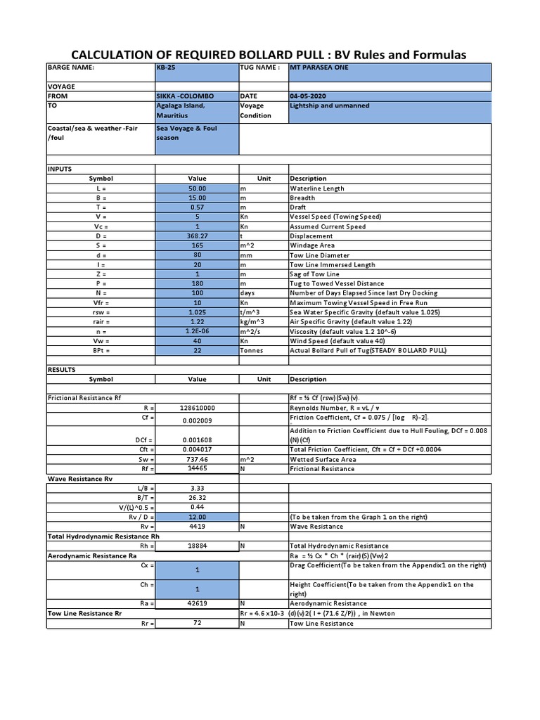 Bollard-Pull-Calculation 04-05-2020 | PDF | Drag (Physics) | Watercraft