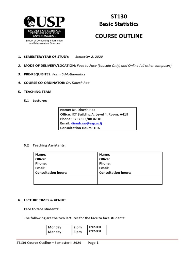ST130 Basic Statistics Course Outline | PDF | Probability Distribution ...