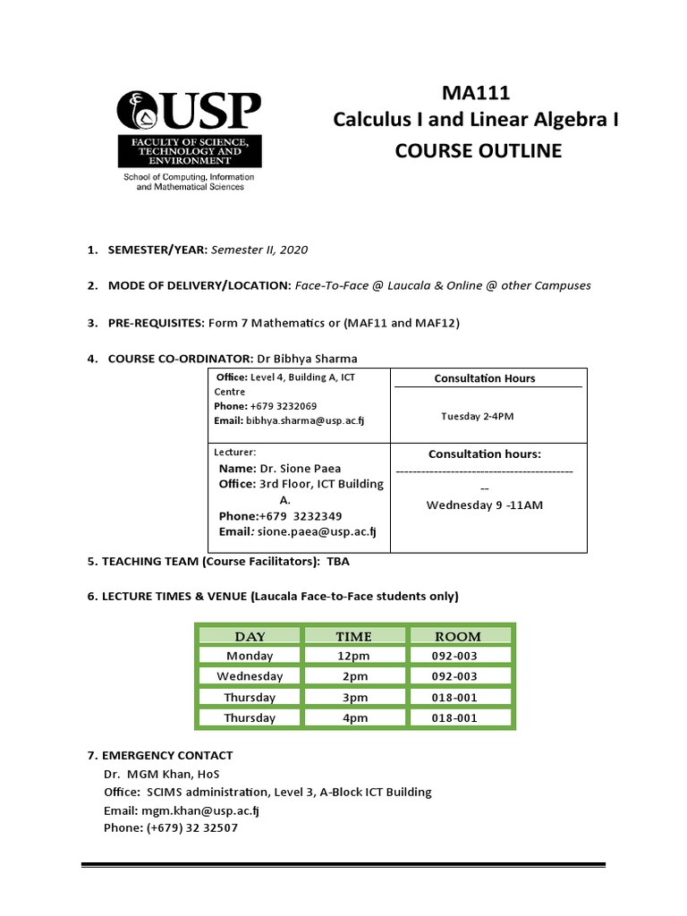 MA111 Calculus I and Linear Algebra I Course Outline: A. Wednesday 9 ...
