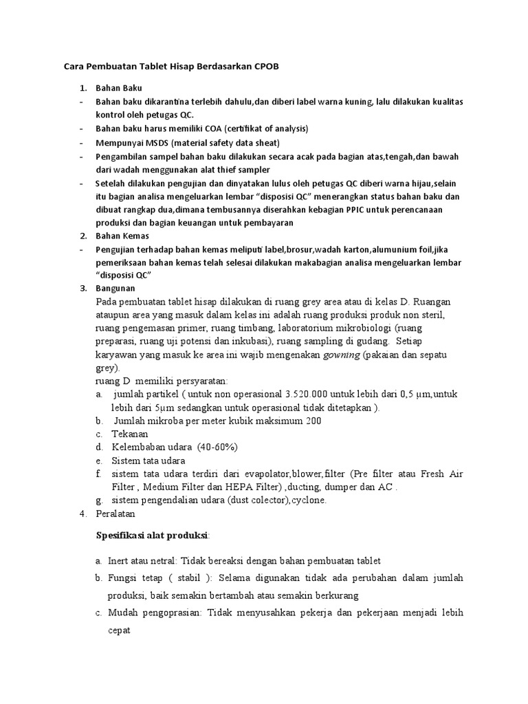 Cara Pembuatan Tablet Hisap Berdasarkan CPOB | PDF