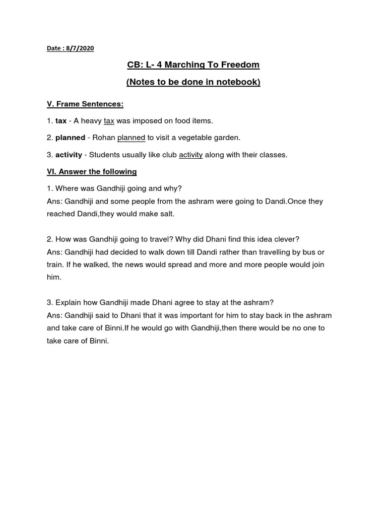 Marching to Freedom: Class 4 Notes | PDF