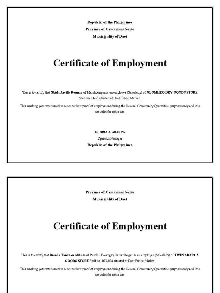 Certificate of Employment For Employees | PDF | Labour | Business