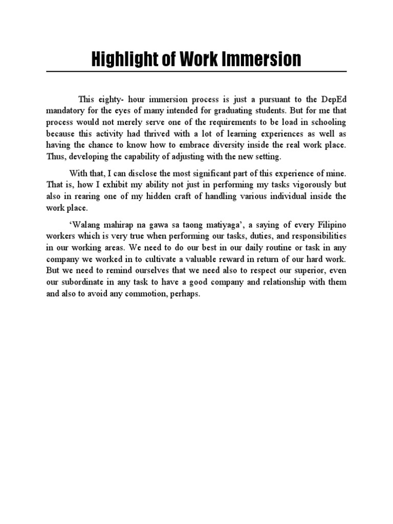 Highlight of Work Immersion | PDF