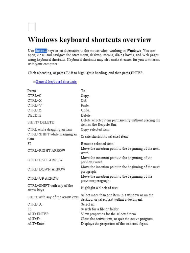 Windows Keyboard Shortcuts Overview | PDF | Computer Keyboard | Menu (Computing)