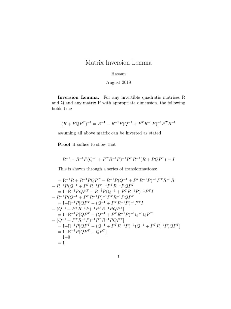Matrix Inversion Lemma | PDF
