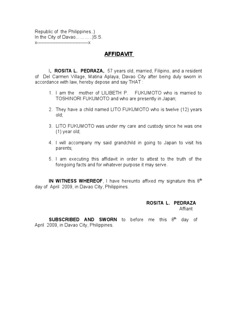 Affidavit: IN WITNESS WHEREOF, I Have Hereunto Affixed My Signature ...