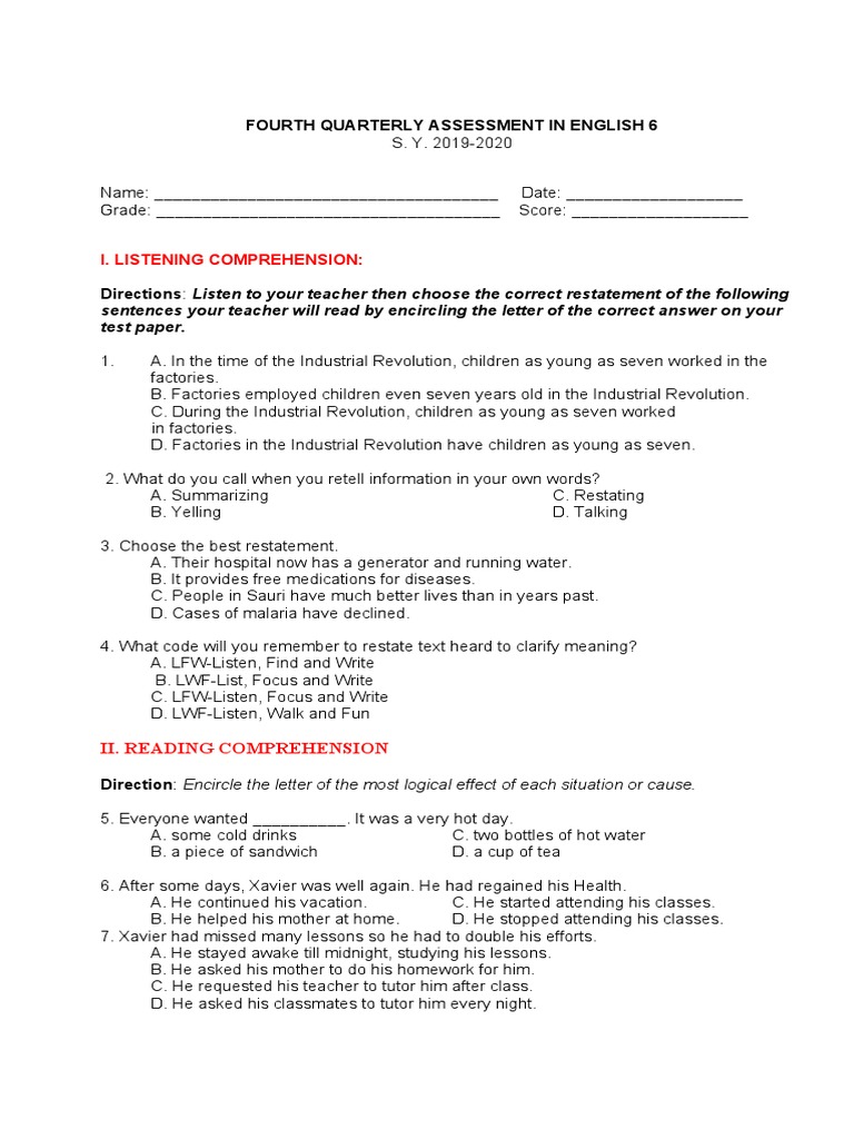 Fourth Quarterly Test in English 6 2018-2019, Bilogbilog ES | PDF ...