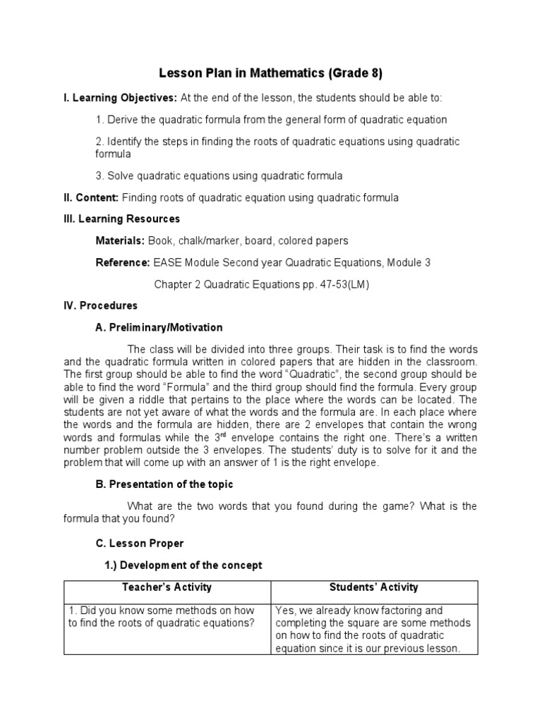 Lesson Plan in Mathematics | PDF | Quadratic Equation | Equations