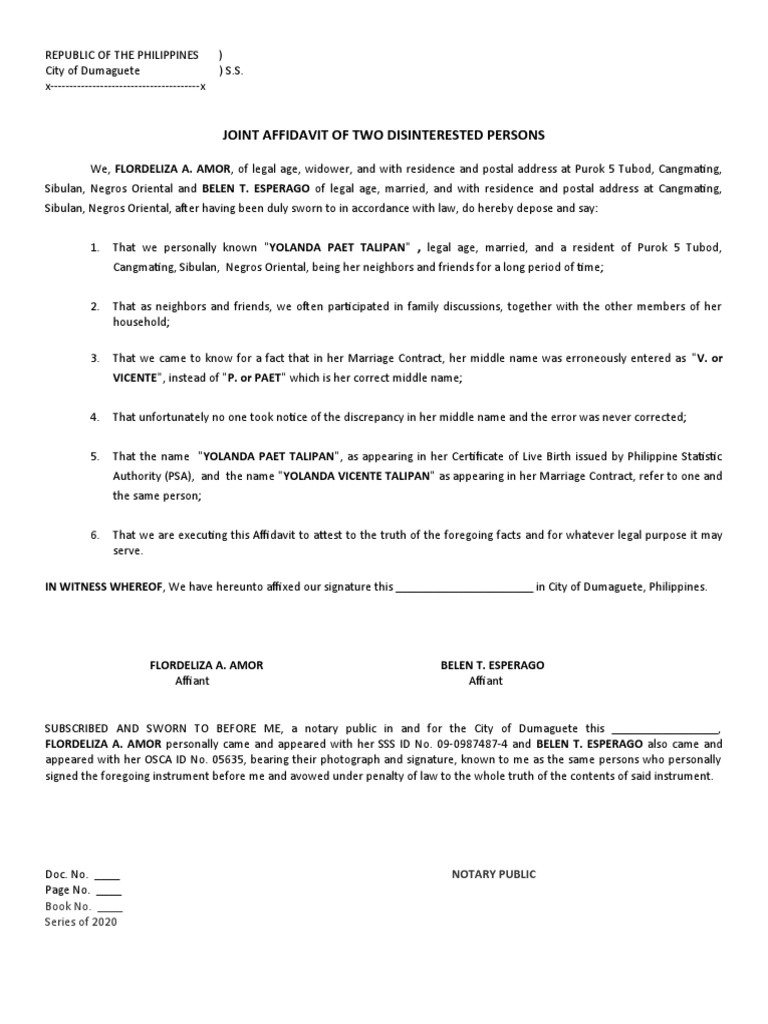 Joint Affidavit of Two Disinterested Persons - Yolanda | PDF ...